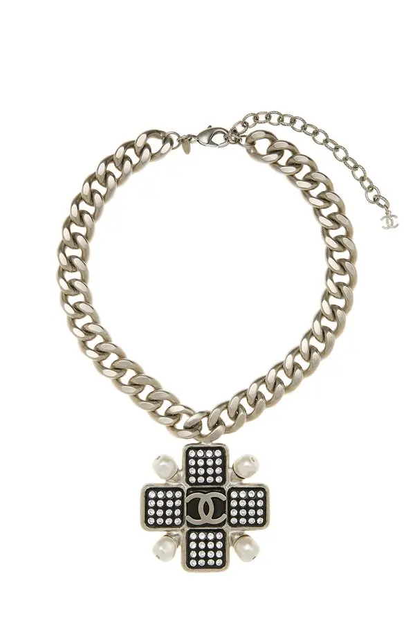 Chanel Crystal And Faux Pearl Cross Pendant Necklace - Silver