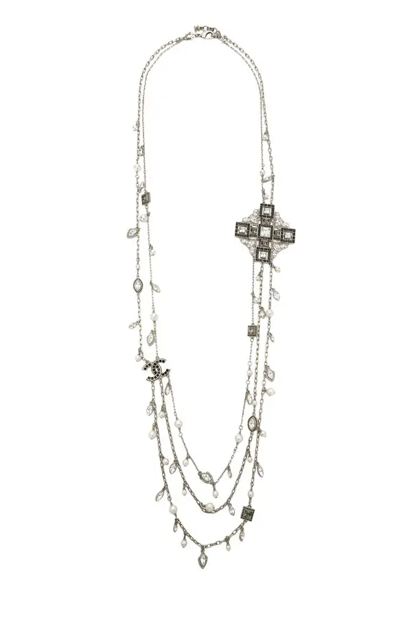 Chanel Crystal And Faux Pearl Cross Pendant Necklace - Silver