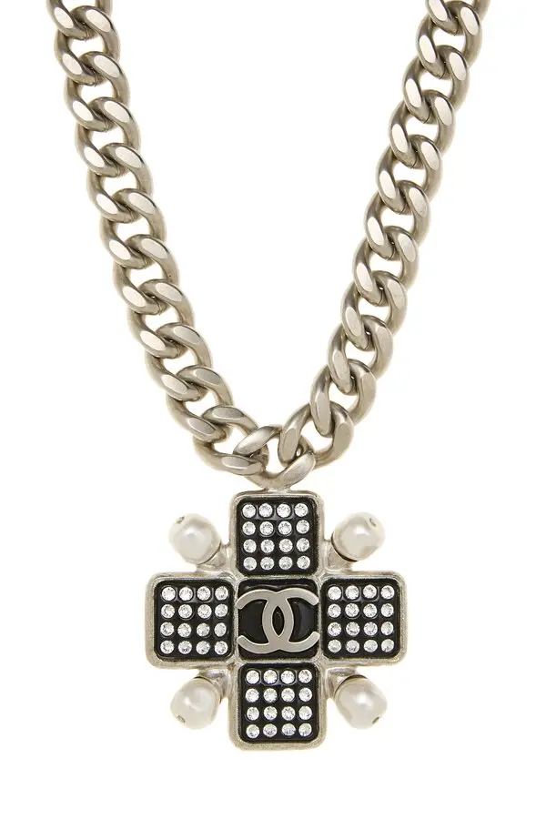 Chanel Crystal And Faux Pearl Cross Pendant Necklace