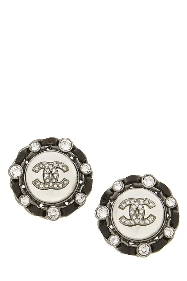 Chanel Silver-tone Chain Border Earrings - Black