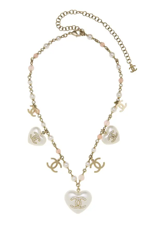 Chanel Tone 'cc' Faux Pearl Heart Necklace - Gold