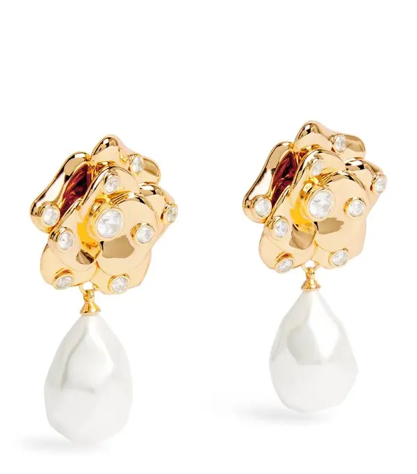 SELF-PORTRAIT Crystal And Faux Pearl Flower Earrings - Gold