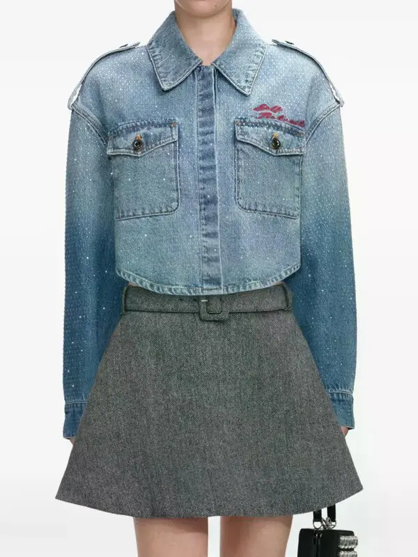 SELF-PORTRAIT Studded Cropped Jacket - Blue