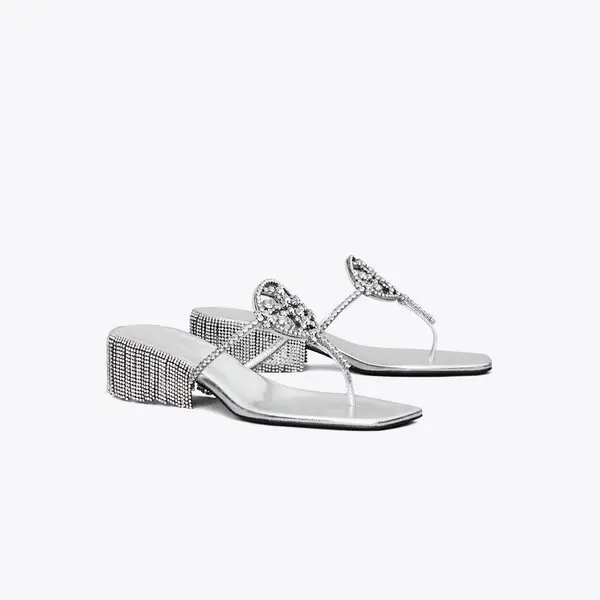 Tory Burch Miller Crystal Kitten Heel Sandals - Silver / Silver