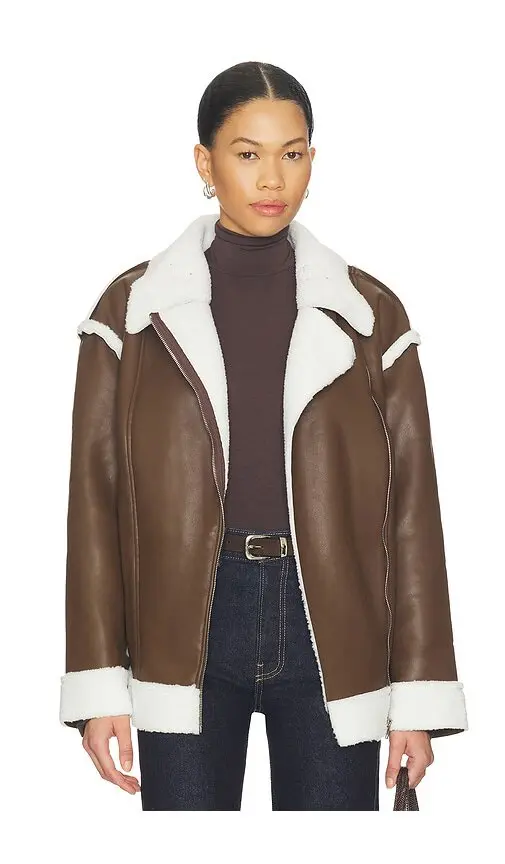 SNDYS. London Oversized Faux Leather Biker Jacket With Faux Fur Trim
