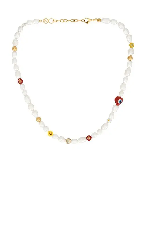 NIALAYA Smiley Face Pearl Necklace - Multicolor & White