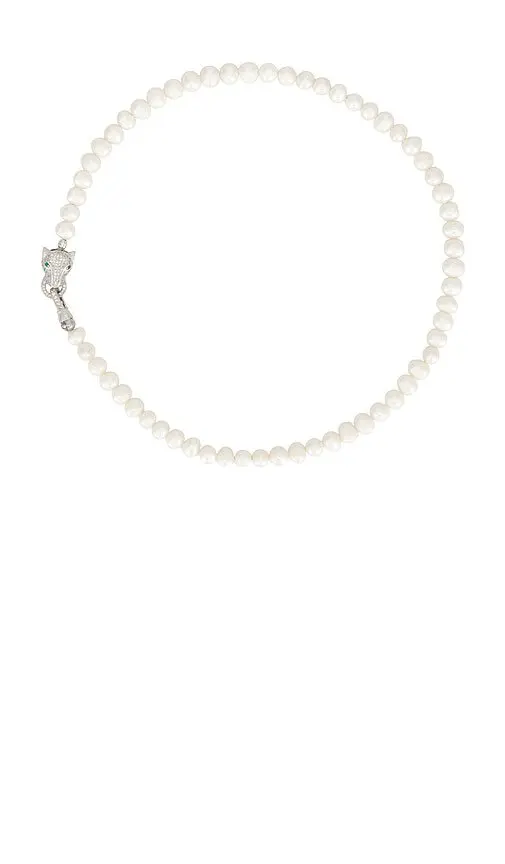 NIALAYA Panther Head Lock Pearl Necklace - Silver & White