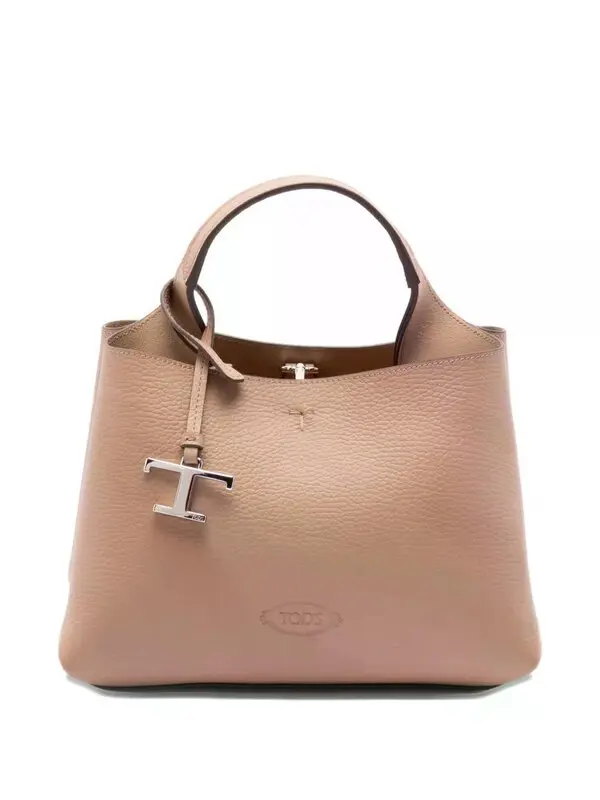 TOD'S Leather Tote Bag With Logo Charm - Neutrals