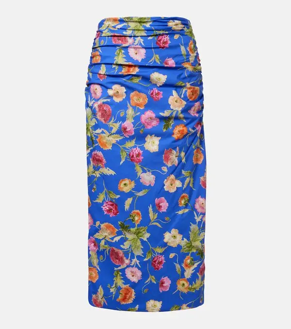 Carolina Herrera Floral Ruched Cotton-blend Midi Skirt - Blue