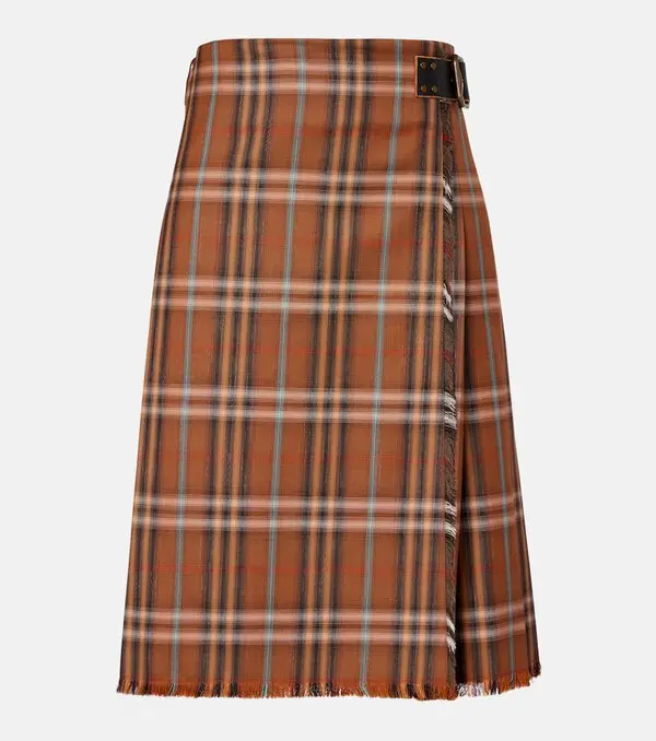 Burberry Check Wool Midi Skirt - Brown