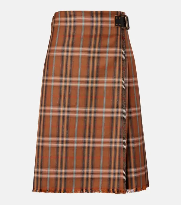 Burberry Check Wool Midi Skirt - Brown
