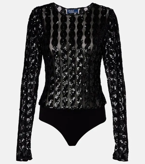 Polo Ralph Lauren Sequined Mesh And Jersey Bodysuit - Black