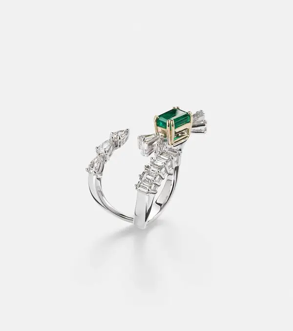 Yeprem 18kt White And Diamond Ring With Emerald