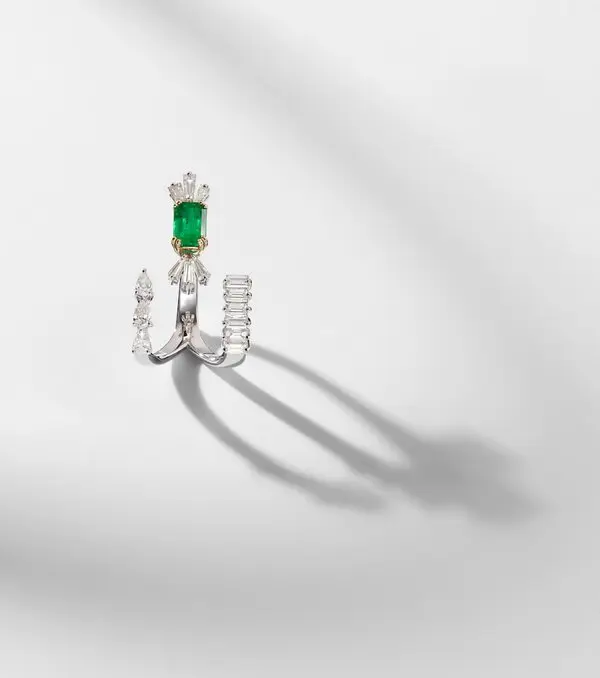 Yeprem 18kt White And Diamond Ring With Emerald