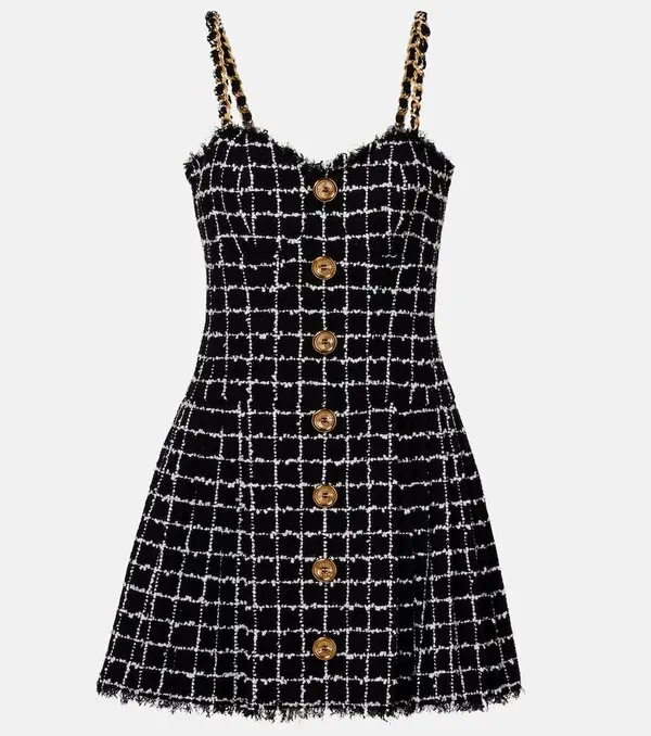 Balmain Chain-detail Checked Tweed Minidress