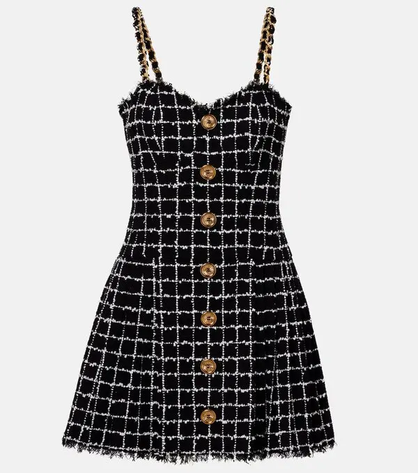 Balmain Chain-detail Checked Tweed Minidress - Black