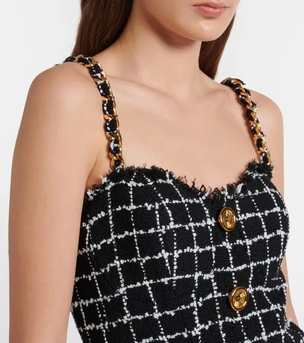 Balmain Chain-detail Checked Tweed Minidress - Black