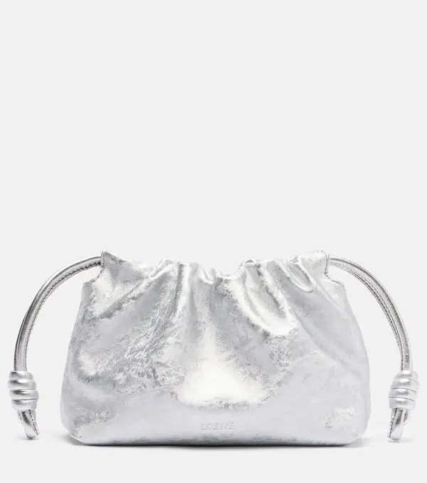 Loewe Flamenco Mini Metallic Leather Clutch - Silver