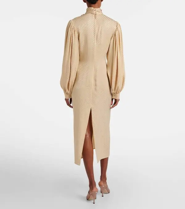 gucci dress beige Gucci Gg Draped Striped Silk Jacquard Midi Dress - Beige