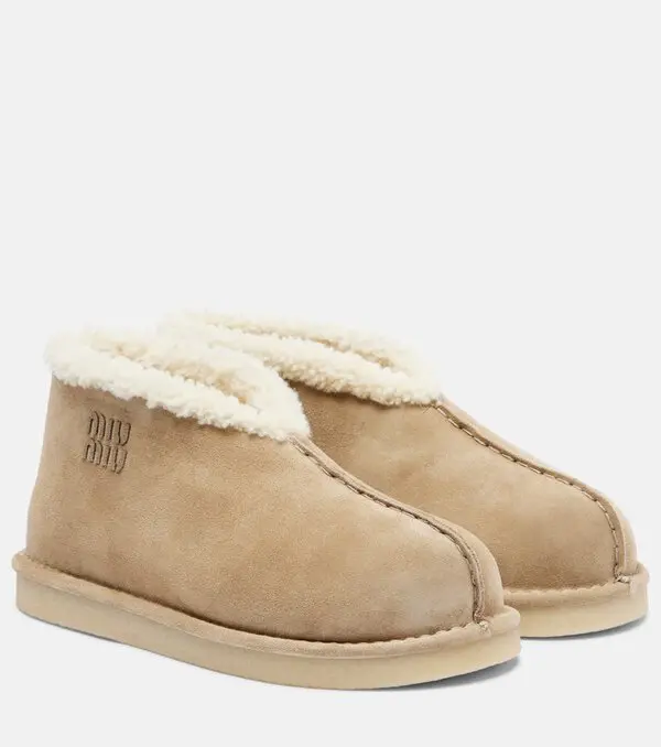 Miu Miu Shearling-lined Suede Ankle Boots - Beige