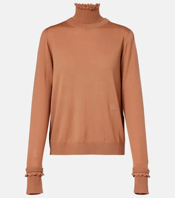 Chloé Ruffled Wool Turtleneck Sweater - Brown