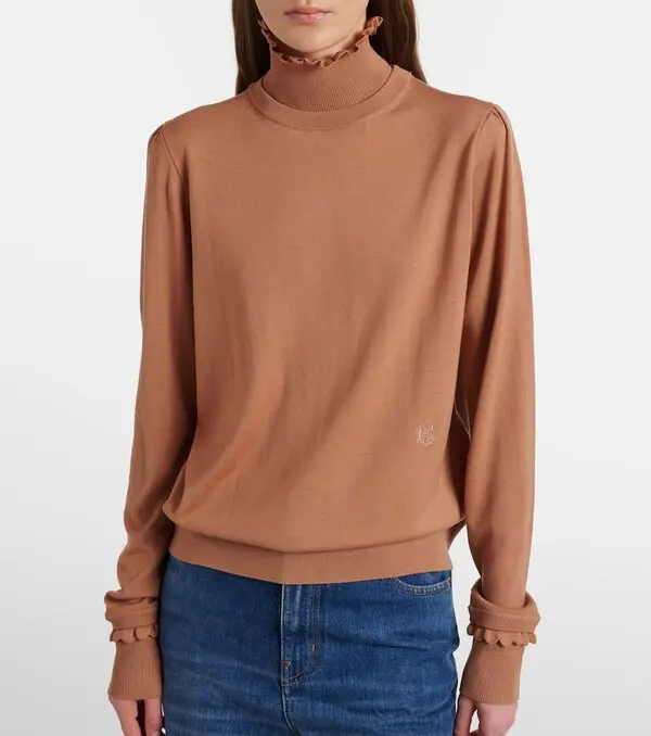 Chloé Ruffled Wool Turtleneck Sweater - Brown