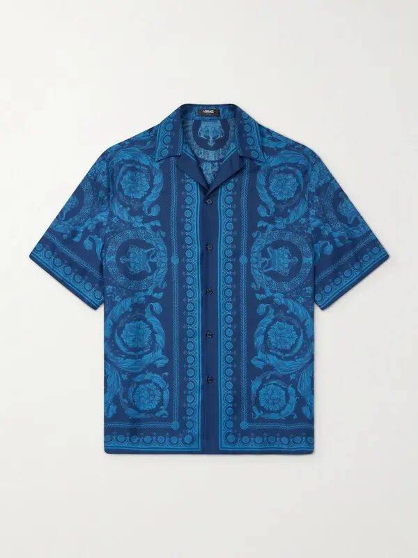 Versace Camp-collar Printed Silk-twill Shirt - Blue