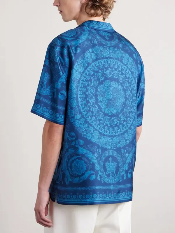 Versace Camp-collar Printed Silk-twill Shirt - Blue