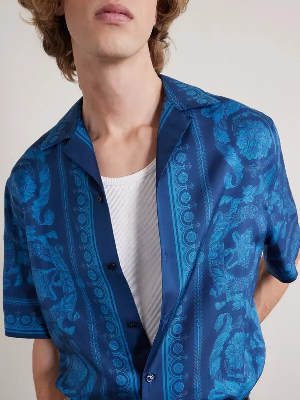 Versace Camp-collar Printed Silk-twill Shirt - Blue
