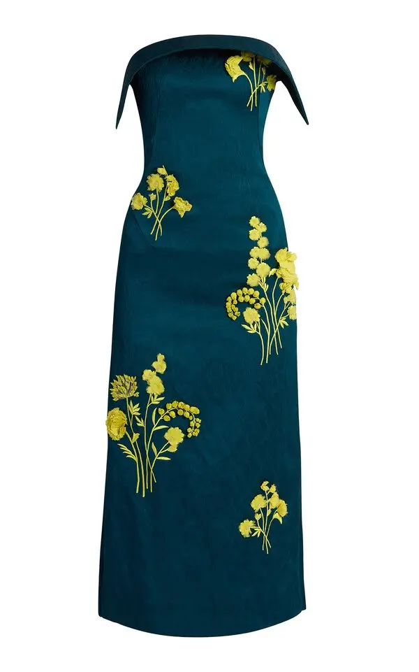 Erdem Embroidered Textured Satin Midi Pencil Dress - Blue