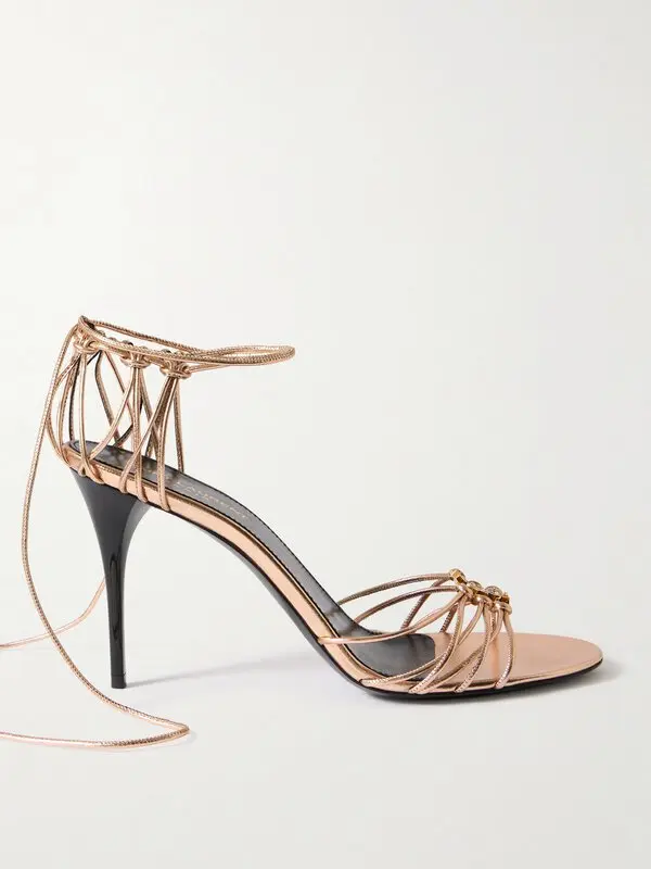 Saint Laurent Babylone Embellished Knotted Metallic Leather Sandals - Rose Gold