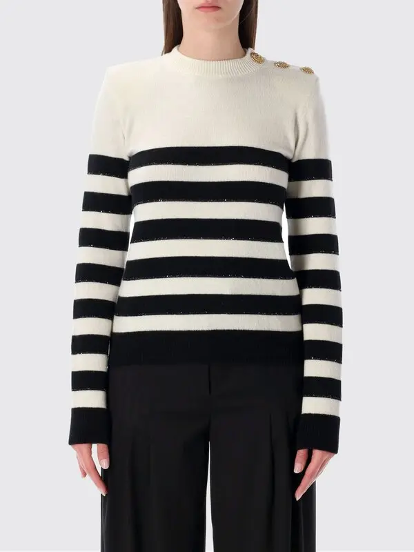 Balmain Embellished Shoulder Striped Knit Sweater - Beige