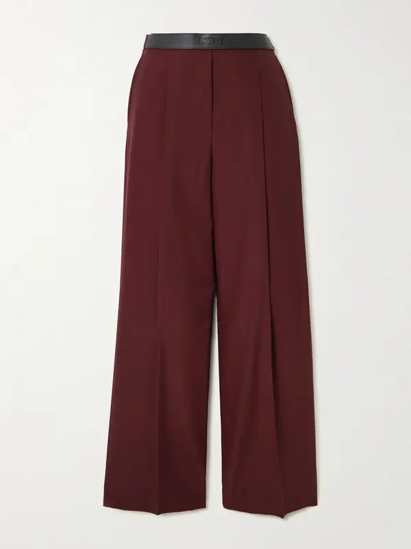 Loewe Leather-trimmed Pleated Wool Grain De Poudre Pants