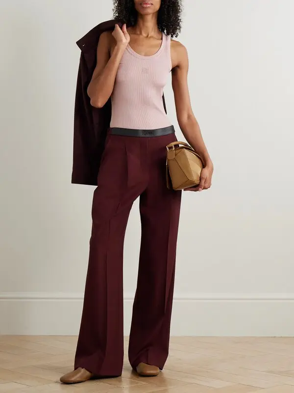 Loewe Leather-trimmed Pleated Wool Grain De Poudre Pants