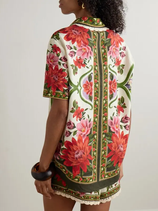 Farm Rio Crochet-trimmed Printed Linen-blend Shirt - White