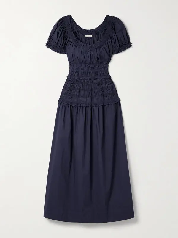DÔEN Leanne Shirred Gingham Organic Cotton-voile Midi Dress - Blue
