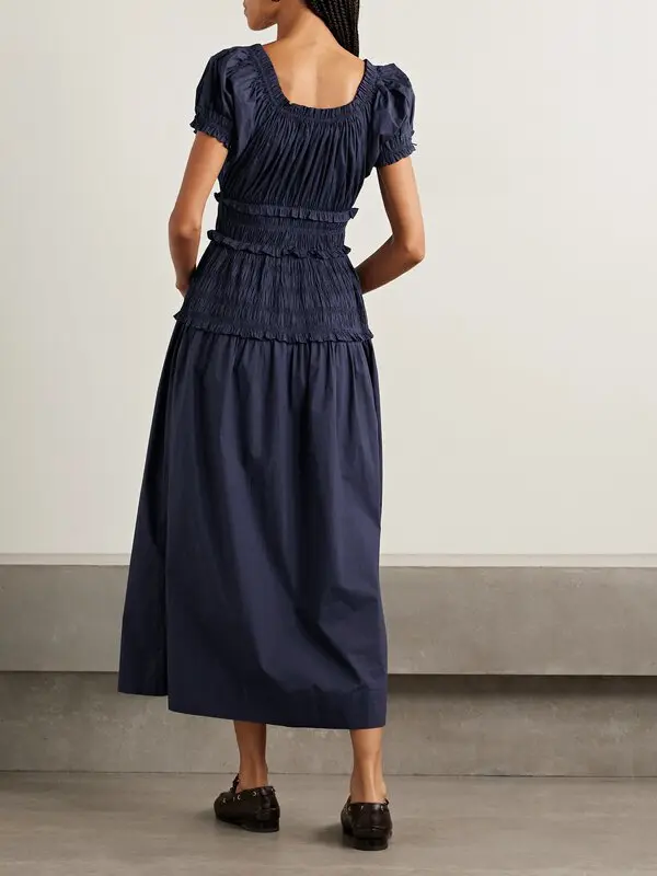 DÔEN Leanne Shirred Gingham Organic Cotton-voile Midi Dress - Blue