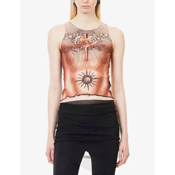JEAN PAUL GAULTIER Tattoo-pattern Semi-sheer Mesh Top
