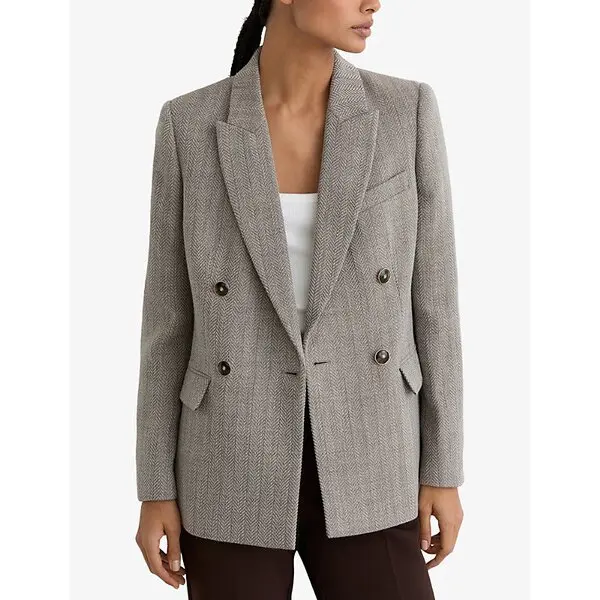REISS Ember Double-breasted Herringbone Blazer - Grey