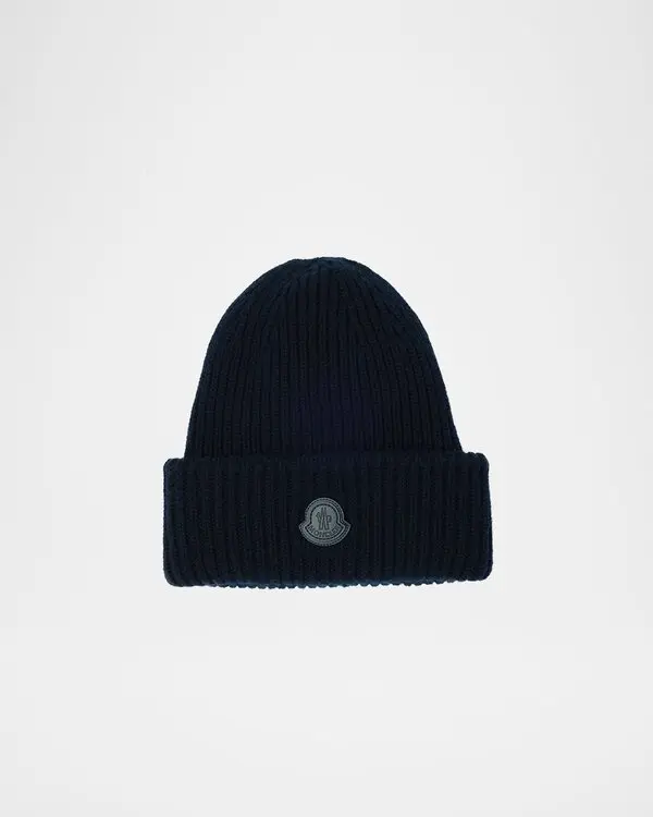 Moncler Cashmere Beanie Hat With Leather Logo - Black
