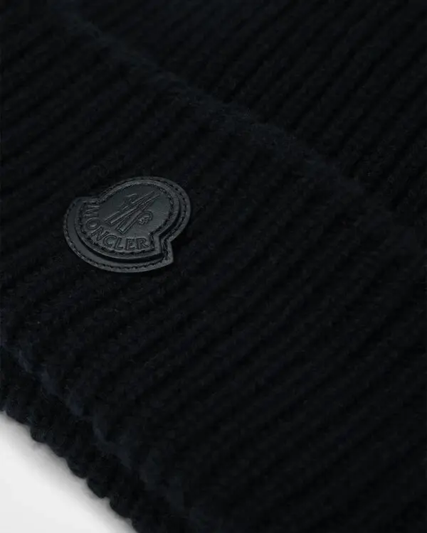 Moncler Cashmere Beanie Hat With Leather Logo - Black
