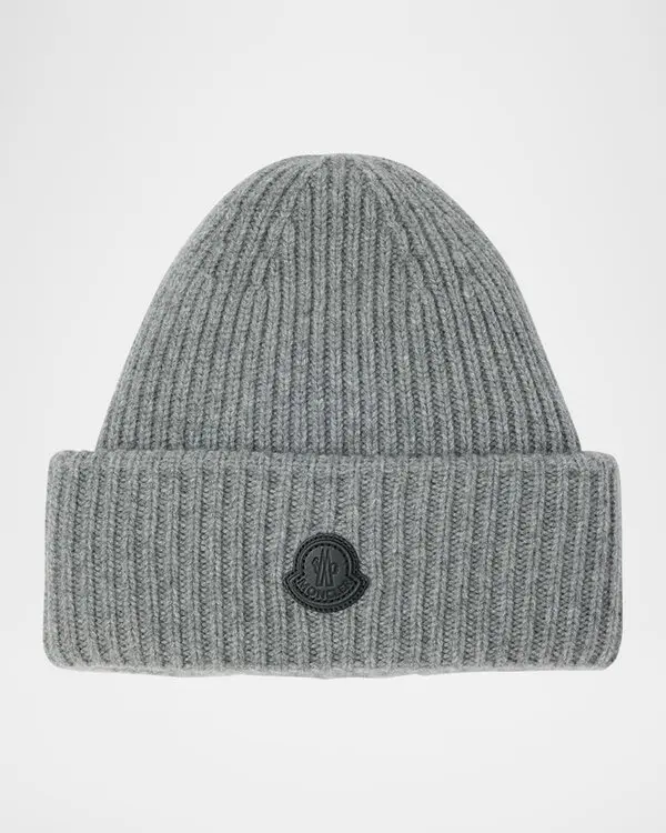 Moncler Cashmere Beanie Hat With Leather Logo - Gray
