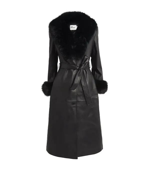 SELF-PORTRAIT Leather Faux Fur-trim Long Coat