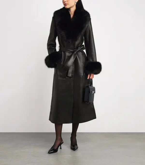 SELF-PORTRAIT Leather Faux Fur-trim Long Coat