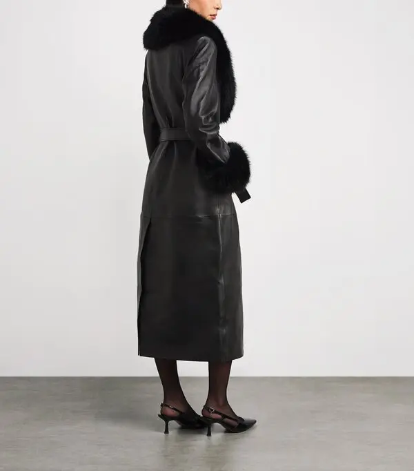 SELF-PORTRAIT Leather Faux Fur-trim Long Coat