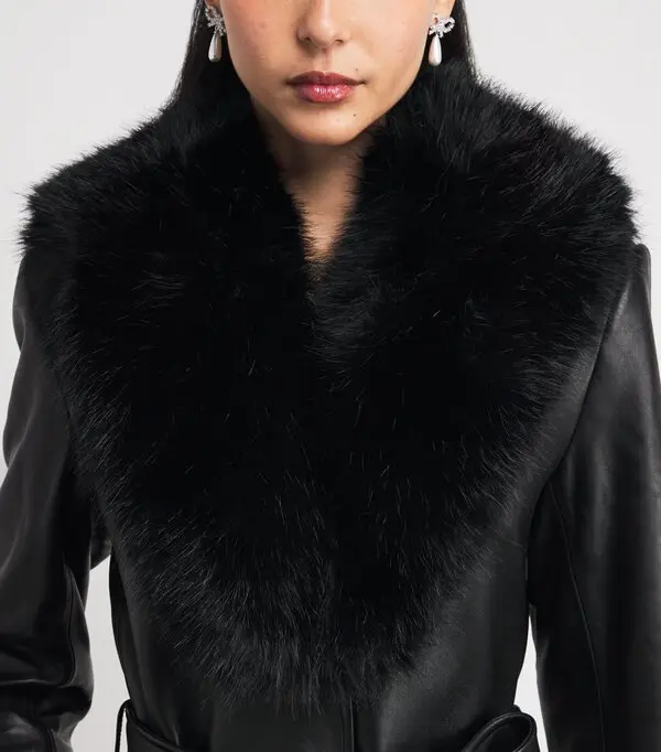 SELF-PORTRAIT Leather Faux Fur-trim Long Coat