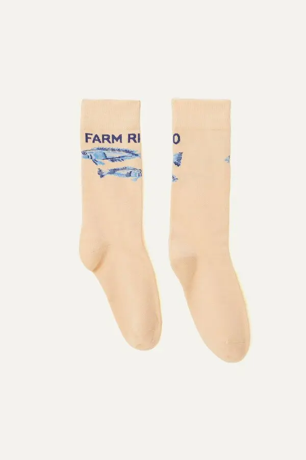 Farm Rio Knit Crew Socks - Off-white Fish