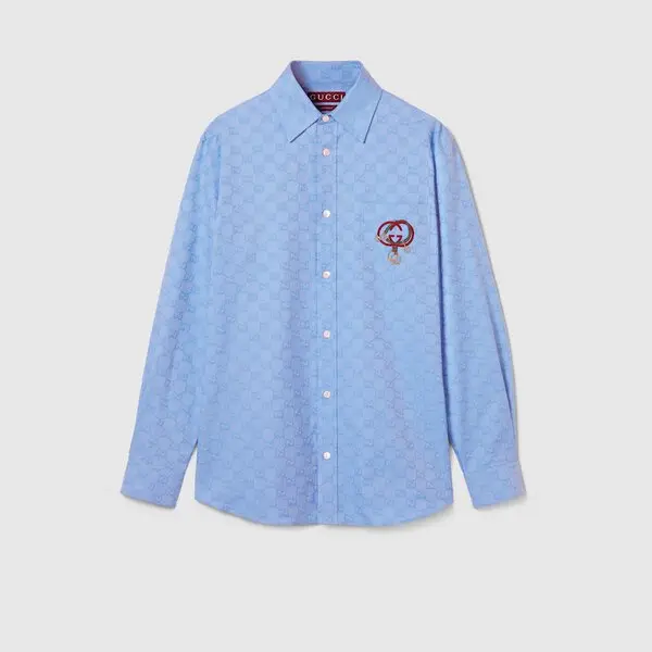 Gucci Gg Oxford Cotton Shirt With Embroidery - Blue