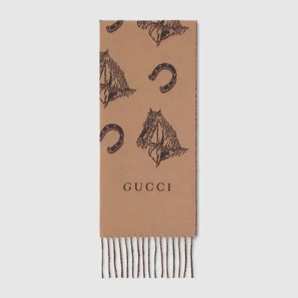 Gucci Silk Wool Equestrian Jacquard Scarf - Beige