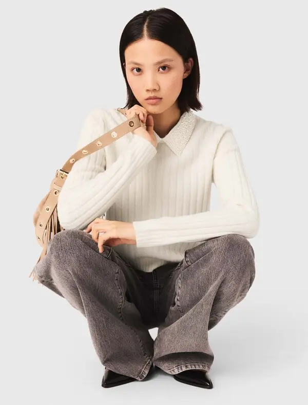 Maje Wool Ribbed Sweater With Pearl Collar
